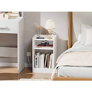 Furologee White Record Player Stand, Wood Nightstand/End Table with Charging Station and LED Lights, Modern Vinyl Record Player Turntable Table with 3 Tier Open Storage Cabinet for Bedroom