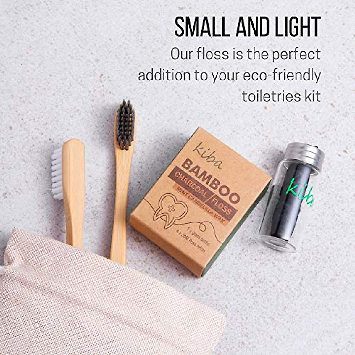 Kiba Bamboo Charcoal Floss w/Reusable Floss Container 5 pc Kit (1 Glass Floss Container + 4x30m Dental Floss Refills) - Eco Friendly Floss w/Candelilla Wax - Mint - Vegan