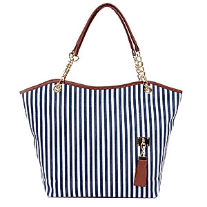 Rullar Women Tassel Canvas Handbag Purse Stripes Tote Fashion Shoulder Bag Large Capacity Satchel(Blue Stripe)
