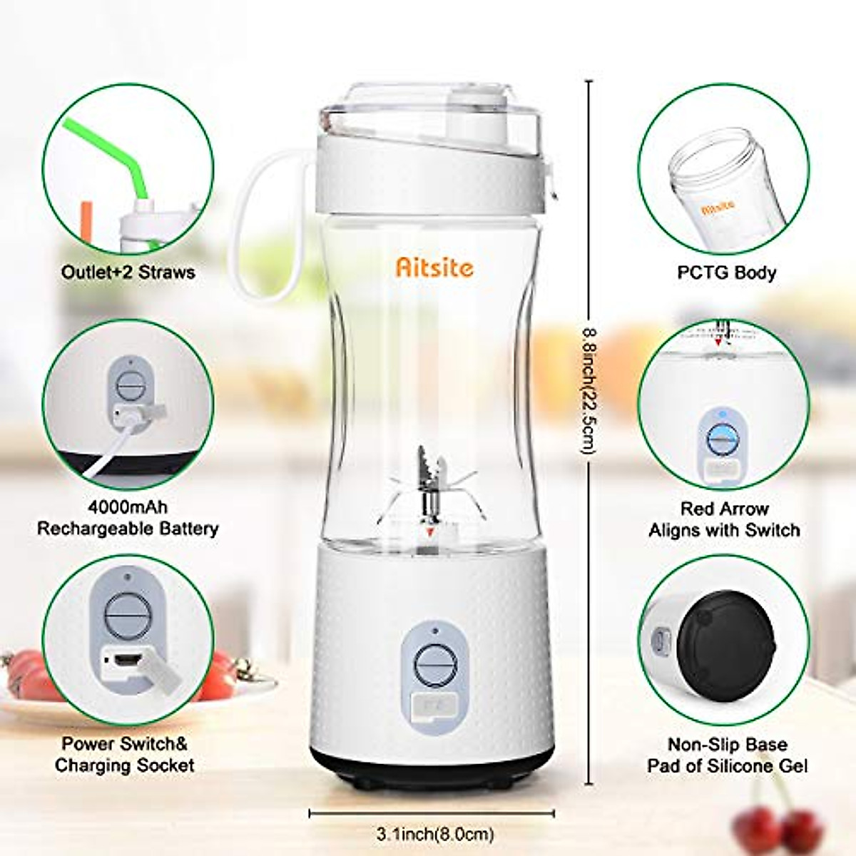 Aitsite Portable Blender, USB Rechargeable Personal Size Juicer Cup with 2 Straws, blend jet blenders portable with 6 3D Blades Fruit Mixer for Home,Travel, Office, Outdoors -White.