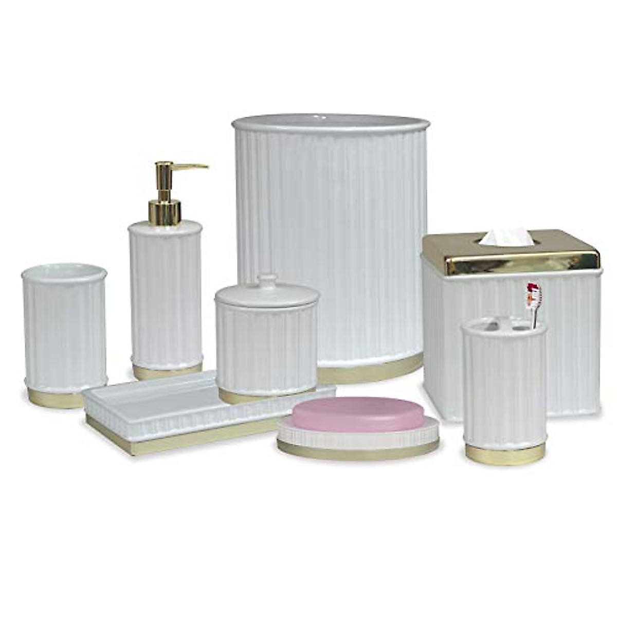 nu steel PAN-8PC/SET Panache Ceramic Bath Accessory Set for Vanity Countertops 8 Piece Includes Container, Dish,Tooth Brush, Tumbler,soap Lotion,Waste Basket,Tissue Box Holder,Tray-White/Gold
