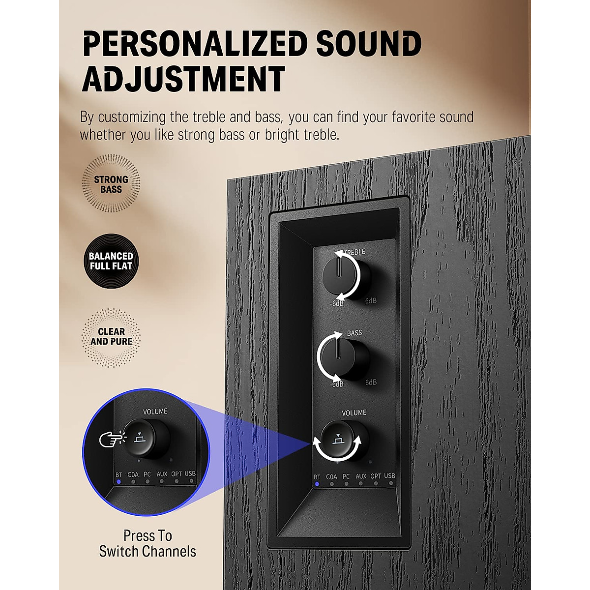 Donner Active Bookshelf Speakers with 60W RMS Powered, Long Stroke Stereo Speakers with Bluetooth 5.0/Coax/Opt/USB DAC/Double RCA Input and Subwoofer Output, Home Audio System - A40D