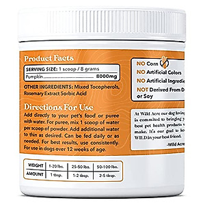 Wild Acre Pumpkin Powder for Dogs - No More Diarrhea or Scoots! - Digestive Puree Treat or Food Topper - Fiber Supplement for Dogs with Prebiotics Pumpkin for Dogs, 8oz