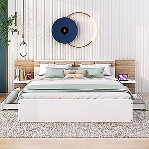 Linique Queen Size Platform Bed with 2 Drawers,Headboard,Shelves,USB Ports and Sockets,Queen Wooden Platform Bed Frame for Bedroom,No Need Spring Box(White)