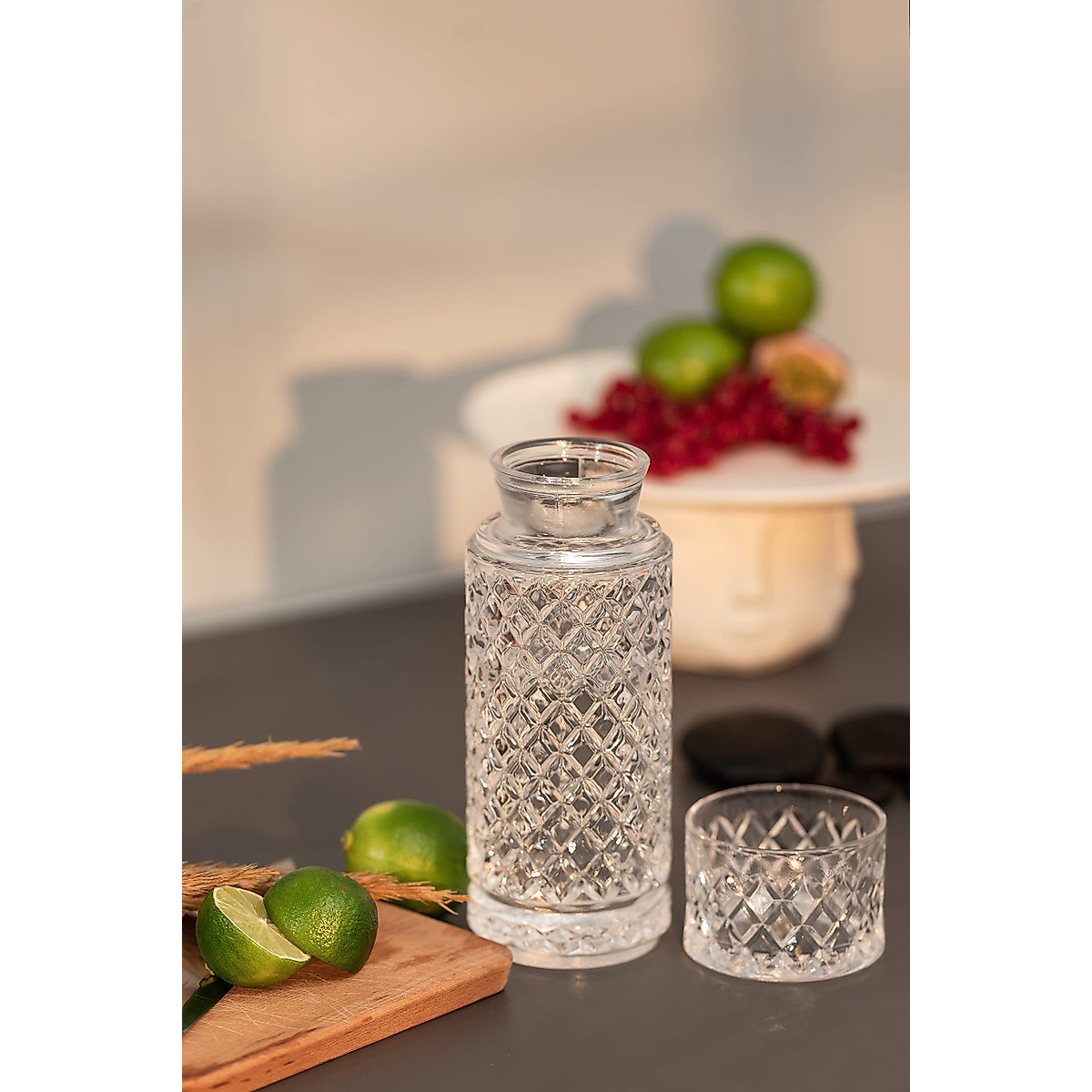 Alfi+Mag Bedside Glass Water Carafe and Tumbler Set - 24.7 Oz Water Bottle with 5.7 Oz Drinking Glass Cup, Carafe for Nightstand, Mouthwash Decanter Bathroom Set, Handmade Gift (Diamond Clear Glass)