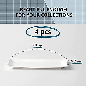 LIFVER Serving Platter, White Rectangle Serving Plate, 10 Inches Christmas Sushi Plate, Ceramic Long Serving Tray for Dinner, Parties, Dessert, Appetizer, Dishwasher Microwave Safe, Set of 4