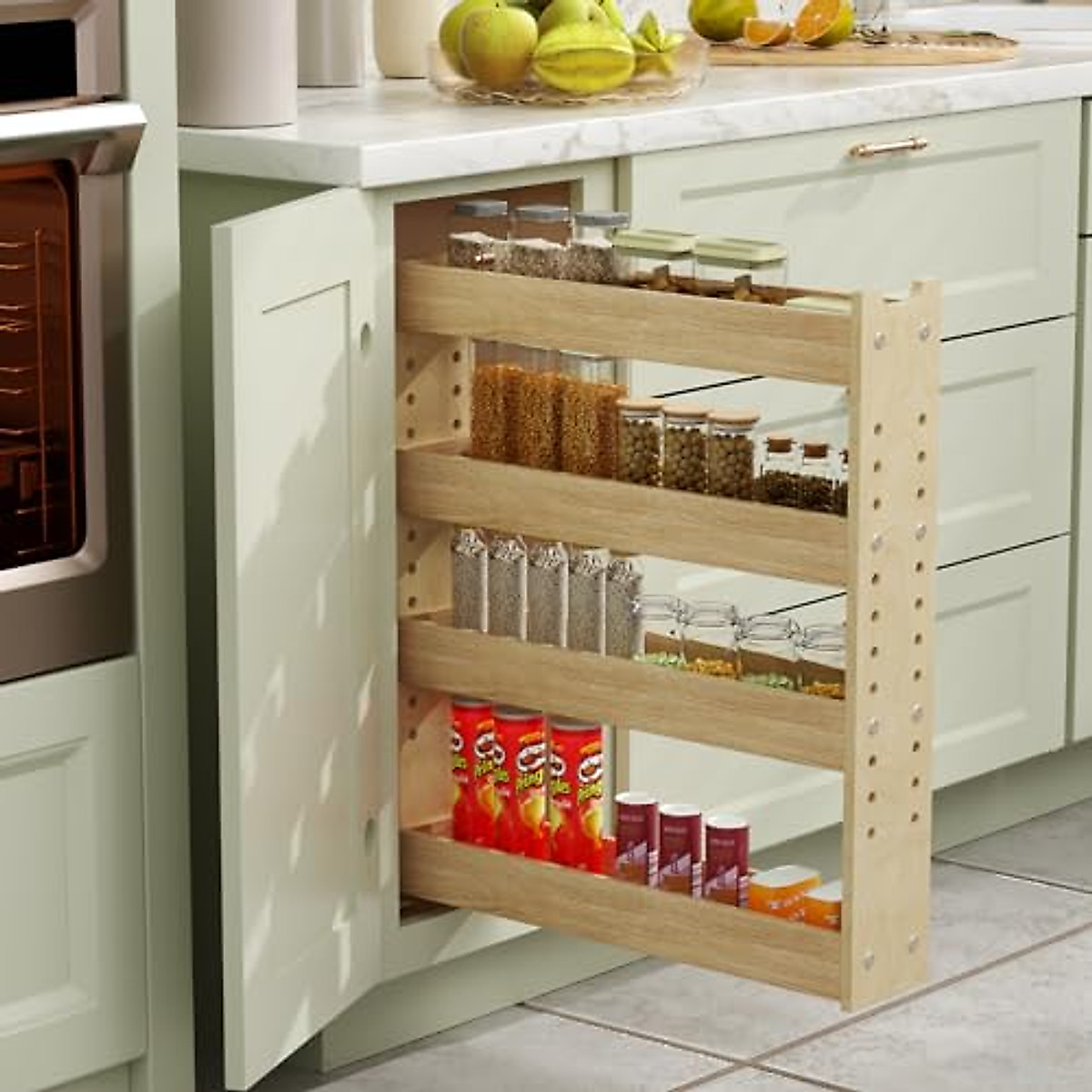 LOVMOR Adjustable Pull Out Cabinet Organizer 4½” W x 24½”H 4-Tier Narrow Cabinet Drawers Slide Out with Soft Close Wood Spice Rack for Narrow Cabinet