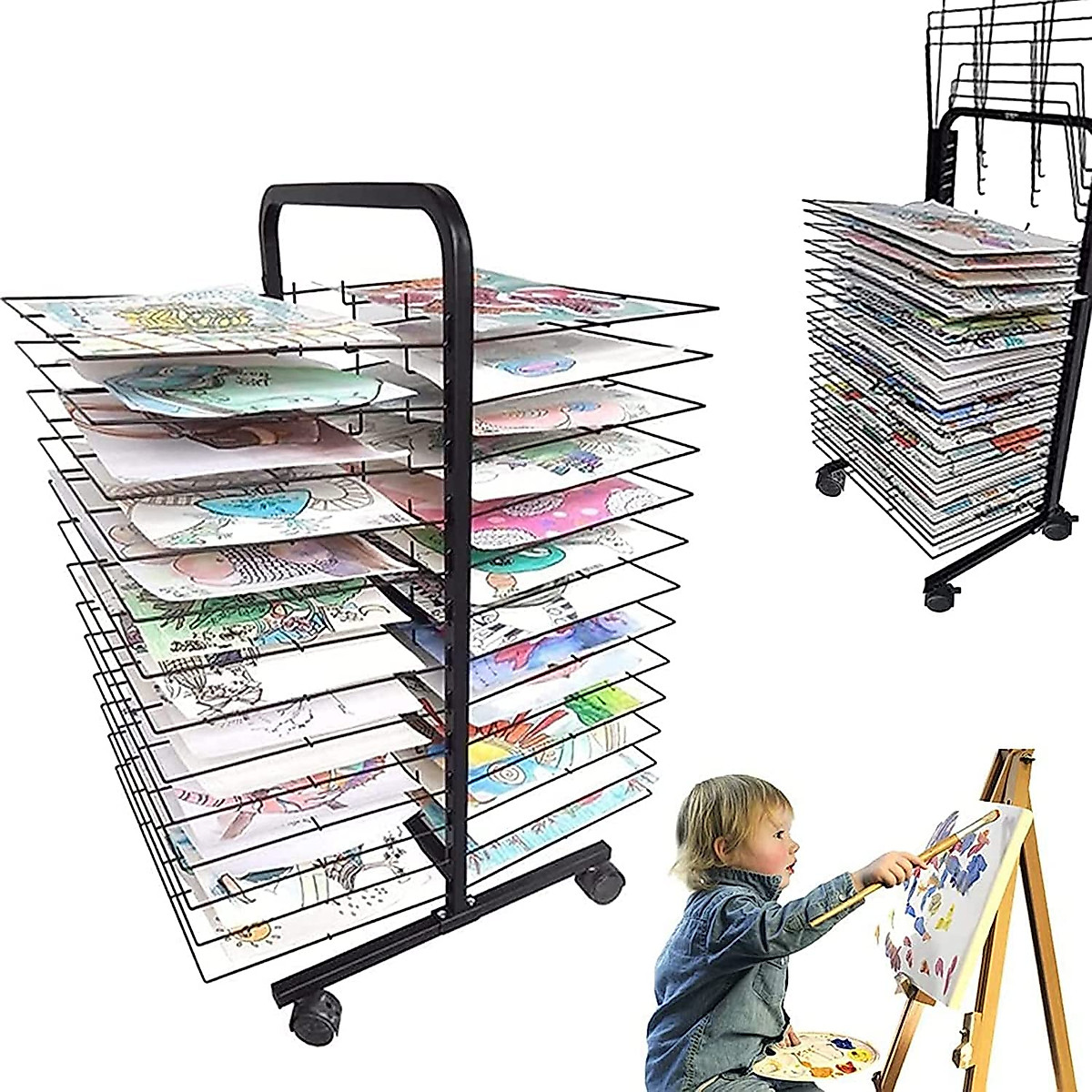 CENAP Art Drying Rack, 26 Tier Mobile Classroom Drying Rack with Wire Rack for Art Studio and Home Use, Drying and Printing Rack
