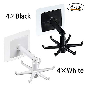 8 Pieces 360 Rotating Folding Hook Multipurpose Hanging Utensil Holder Hook 180 Degrees Vertical Flip Self Adhesive Hook Utensil Rack with 6 Hooks for Kitchen Bathroom Cabinet Towel, Black, White