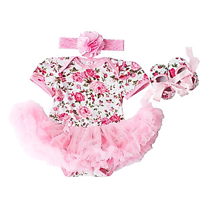 Baby Girls 3 Piece Sets Romper Dress Shoes and Headband Rose Flower Outfits Clothes Pink S:3-6Months