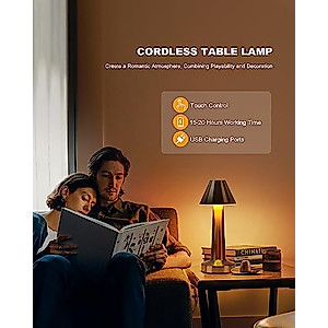 Cluelyhoo Cordless Table Lamps,Rechargeable Battery Operated Led Desk Lamp,3-Level Brightness Portable Table Lamp,for Bedroom/Couple Dinner/Desk/Cafe/Dining Room/Terrace(Gold)