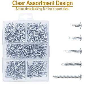 KURUI Self Tapping Screws for Metal Assortment Kit, 350PCs #8 Galvanized Phillips Sheet Metal Screws, Carbon Steel Truss Head Self Drilling Screws for Metal in 5 Sizes (1/2, 3/4, 1-1/4, 1in, 2in)