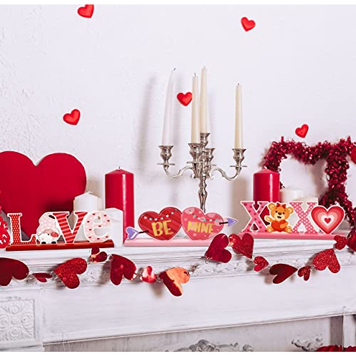 3 Valentines Day Wooden Table Decorations Valentine Centerpiece Pink Heart Love Tabletop Sign Valentine's Gift & Romantic Party Decor for Fireplace Mantle Shelf Office Desk Dining Room Kitchen & Home