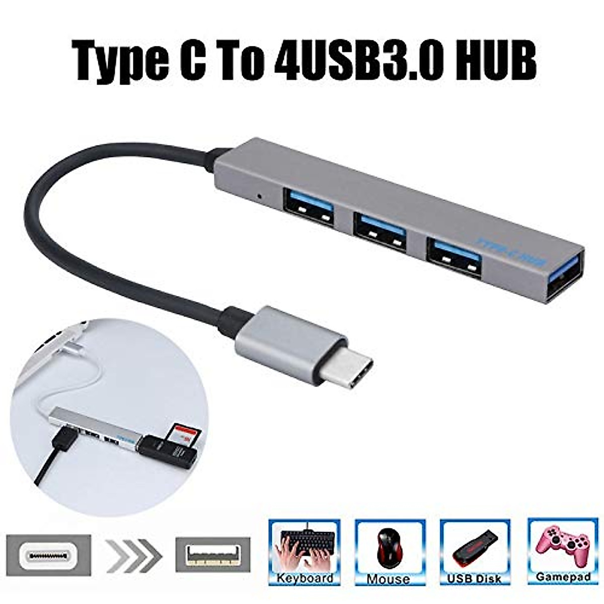 SHYPT Type-C to 4 USB Hub Expander Thin Mini Portable 4-Port USB 2.0 Hub USB Power Interface Laptop Tablet Comput