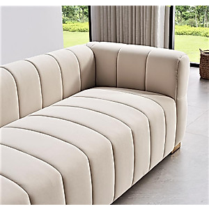 Container Furniture Direct Art Deco Velvet Sofa with Tufted Low Back Design, Sophisticated 3 Seater Couch for Living Rooms, 89 Inch Wide, Easy Assembly, Beige