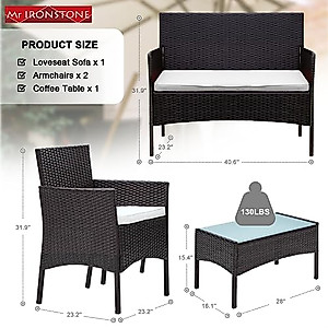 Mr IRONSTONE 4 Pieces Patio Furniture Set, Outdoor 2 Rattan Chairs Wicker Sofa with Tempered Glass Side Table and Soft Cushions, Outdoor Conversation Sets for Patio, Lawn, Garden, Poolside, Balcony