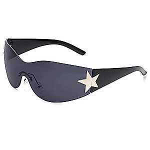 LIKSMU Rimless Y2K Sunglasses for Women Men Wrap Around Fashion Sunglasses Oversized Frameless 2000s Trendy Sun Glasses Black Lens and Black Frame