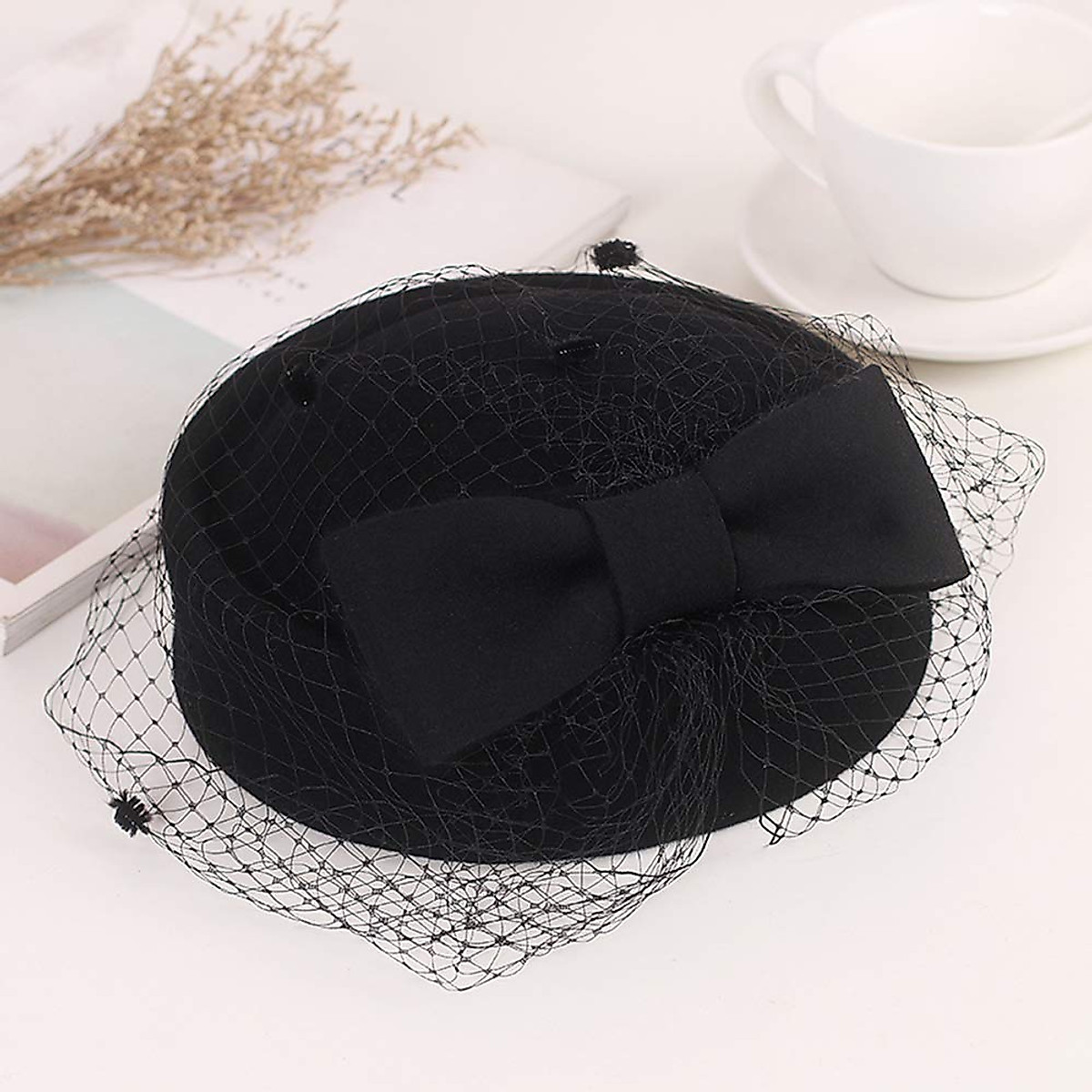 Z&X Winter Wool Fascinator British Pillbox Hat Women Wedding Church Derby Beret Hat Veil Bow Fedoras Black