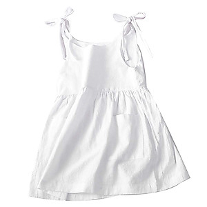 Toddler Baby Girl Summer Cotton Linen White Dresses Bow Straps Sleeveless with Pockets Little Girls Beach Sundress (White, 3-4T)