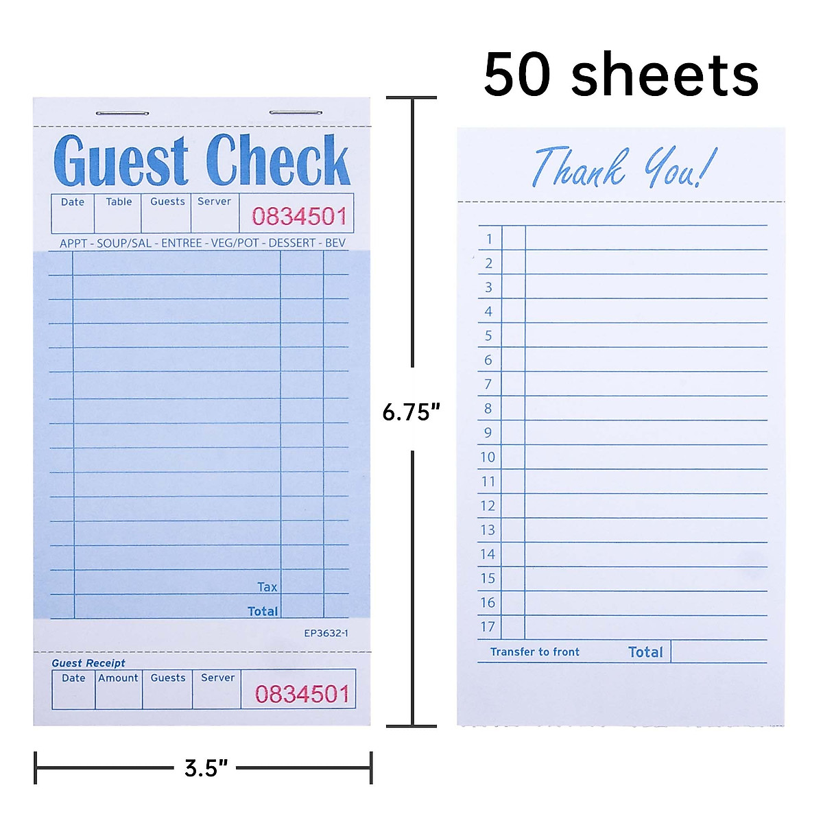 ESSENTIAL Guest Check Books 3.5" x 6.75", 500 Sheets Server Note Pads and Waitress Order Books with Bottom Receipt (10 Books)