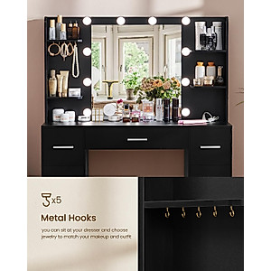 Quimoo Large Vanity Desk with LED Lighted Mirror & Power Outlet,Makeup Vanity Table with 7 Drawers,4 Shelves and 5 Hooks, Vanity Table, Vanity Desk Set for Bedroom,Bathroom, Black