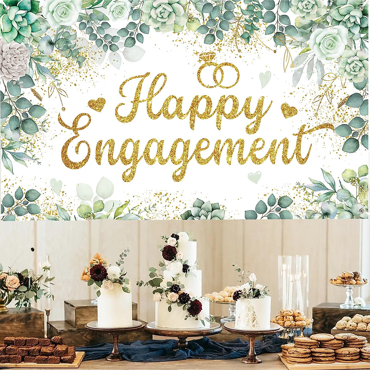 Eucalyptus Engagement Party Decoration, Green Happy Engagement Banner Sage Green Just Engaged Banner Green Engagement Backdrop Just Married Decorations Kit for Couple Engagement Party Bridal Shower