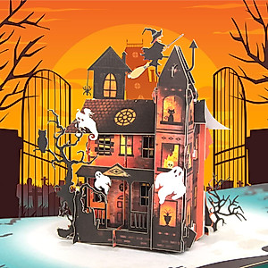 CUTE POPUP Halloween Pop Up Cards with Handmade Ghost House Design, Greeting Cards, Birthday Pop Up Cards, Holiday Card Pop Up - Exquisite and Funny Present for Kids, Children and Friends