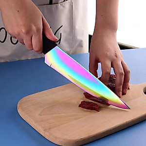 Stainless Steel Knife Set，5Pcs Kitchen Knife Set With Rainbow Titanium Coating Blade,Extremely sharp Non Stick Non Rust Knife Set with Comfortable Handle (Black)
