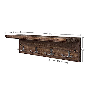 SONGMICS Coat Rack with Shelf, Wall-Mounted Coat Rack, with 4 Metal Dual Hooks for Coats, Bags, for Entryway, Bedroom, Living Room, Rustic Brown ULHR042X01