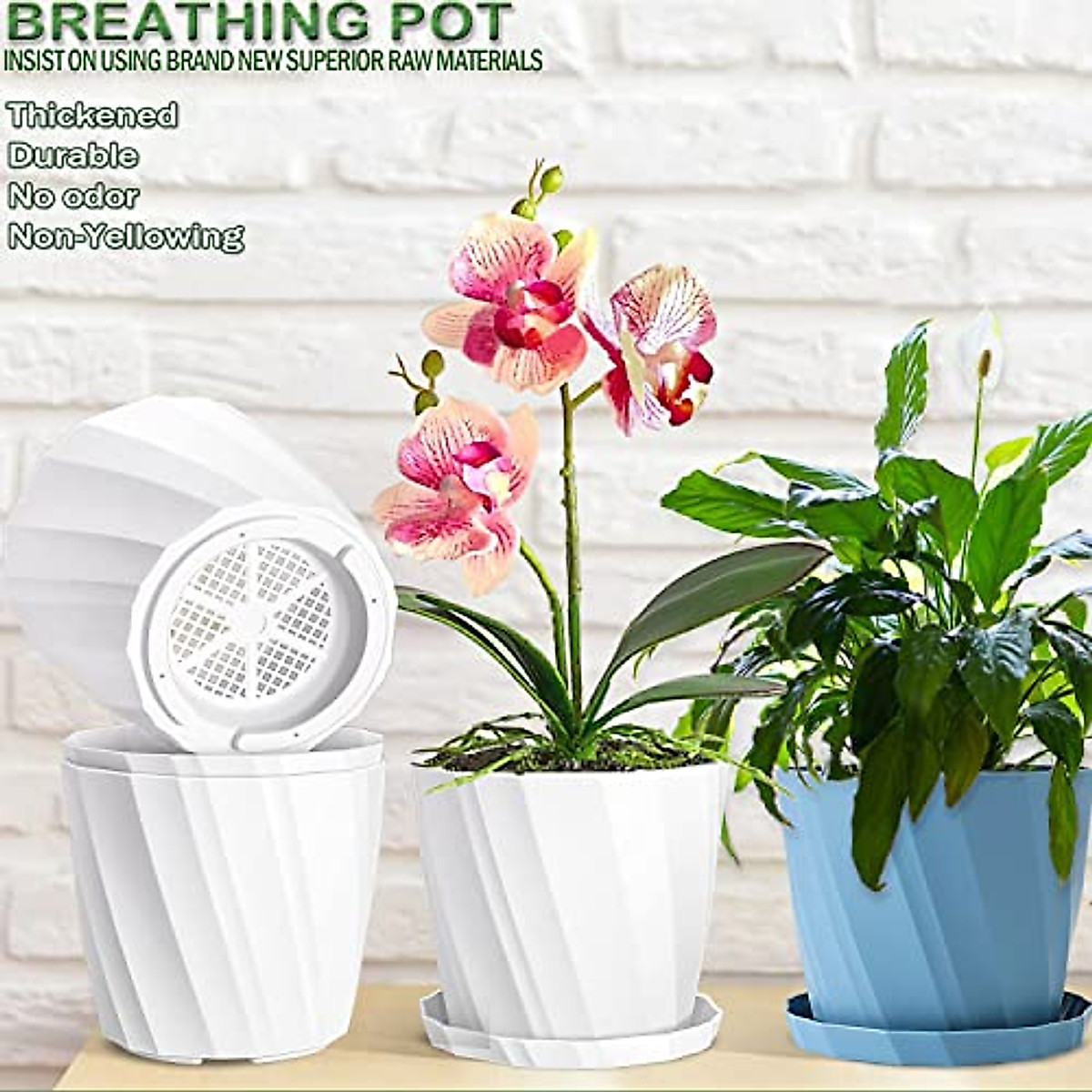 8 Inch Plastic Flower Pots Set 5 Pack with Drainage Holes and Saucers, Tray. Large Planters for Indoor Plants, House, Outdoor Plants, Orchid. Unique Decorative Planting Pots, White