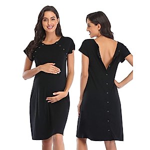 Soanhoo 3 in 1 Nursing Dress Maternity Nightgown Labor/Delivery Breastfeeding Birthing Gown with Button,Black,XL