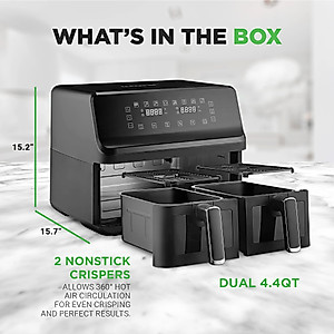 Nutrichef Double Basket Air Fryer 8.8 QT | Family Size Oil Free Airfryer with Transparent Window | 9-1 Preset Cooking Options | 360° Hot Air Circulation Technology | 4.4 QTs per Basket | Black