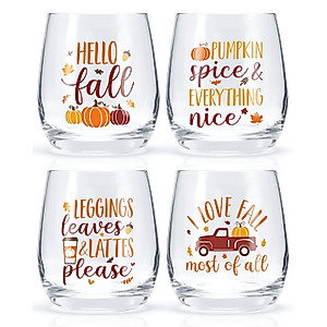 Nefelibata Fall Wine Glass Fall Cups Hello Fall Fall Leaves Pumpkin Spice Stemless Wine Glass Tumbler for Table Decor Wedding Birthday Thanksgiving Gift Ideas 12oz Set of 4