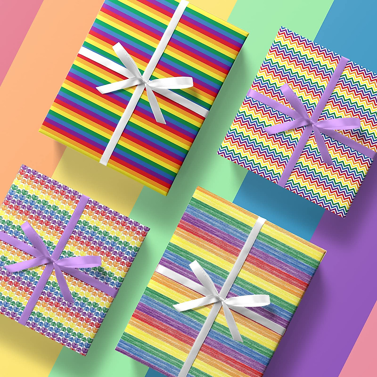 LDGOOAEL Flat Wrapping Paper Sheets -12 Sheets with 4 rainbow Paterns, Gift Wrapping Paper for Holiday, Birthday, LGBT - Pre cut & Folded(19.6" x 27.5“ Per Sheet)