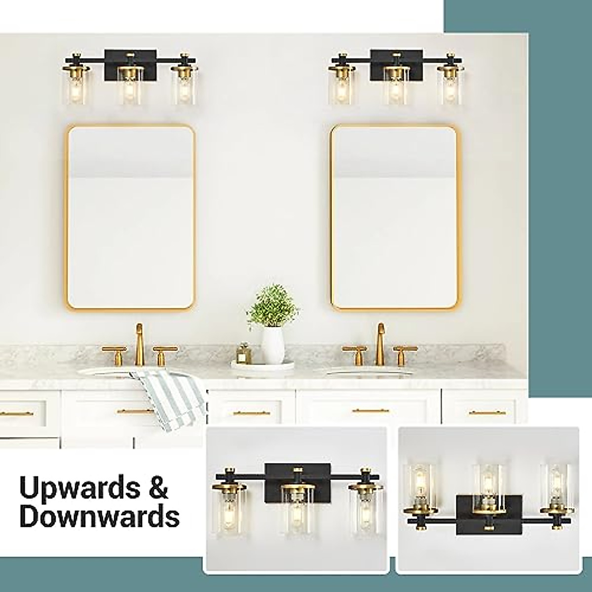 Atocif Bathroom Vanity Light 3-Light, Black and Gold Bathroom Light Fixtures with Clear Glass Shade, Vintage Bathroom Vanity Lights, Modern Wall Sconce for Bathroom, Living Room, Hallway, Bedroom