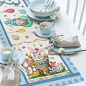 Easter Table Runner, Happy Easter Runner, Easter Bunny Eggs and Gnomes Blue Truck with Tulip Flowers Table Runners 72 Inches Long, Blue Buffalo Plaid Small Coffee Table Cloth for Home Dining Room