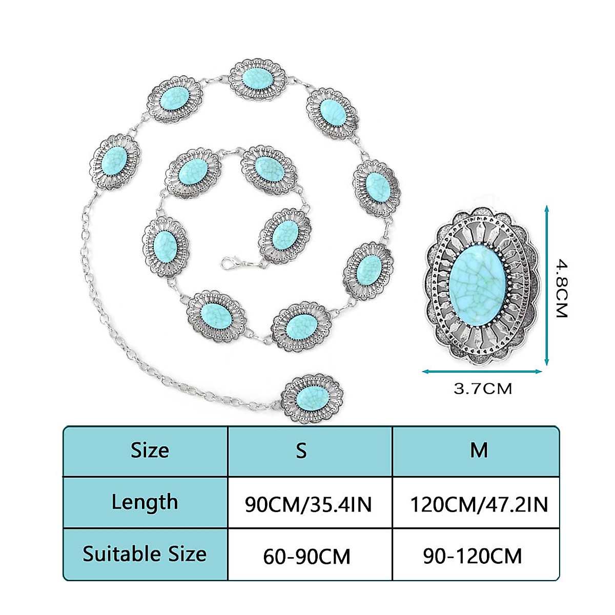 Navoky Turquoise Belly Body Chains Retro Silver Waist Chain Western Chain Belt Concho Belts Boho Body Accessories Jewelry for Women(S)