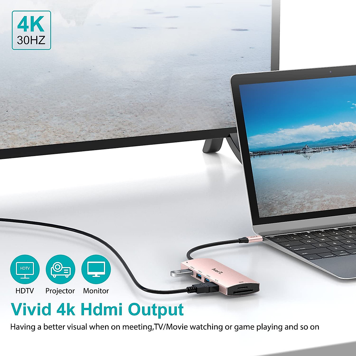 USB C Hub, USB Hub to HDMI Multiport AorZ USB C Dongle Adapter 7 in 1 with HDMI Output,3 USB 3.0 Ports,SD/Micro SD Port,PD Charging Port USB C HUB (Pink)