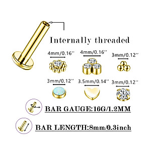 Yjbglrygf 16G Monroe Lip Piercing Jewelry Labret Studs Tragus Hoop Earrings Internally Threaded Lip Stud Nose Piercing Stud Flat Back Opal Zircon Helix Earring Studs(16G*8mm, gold)