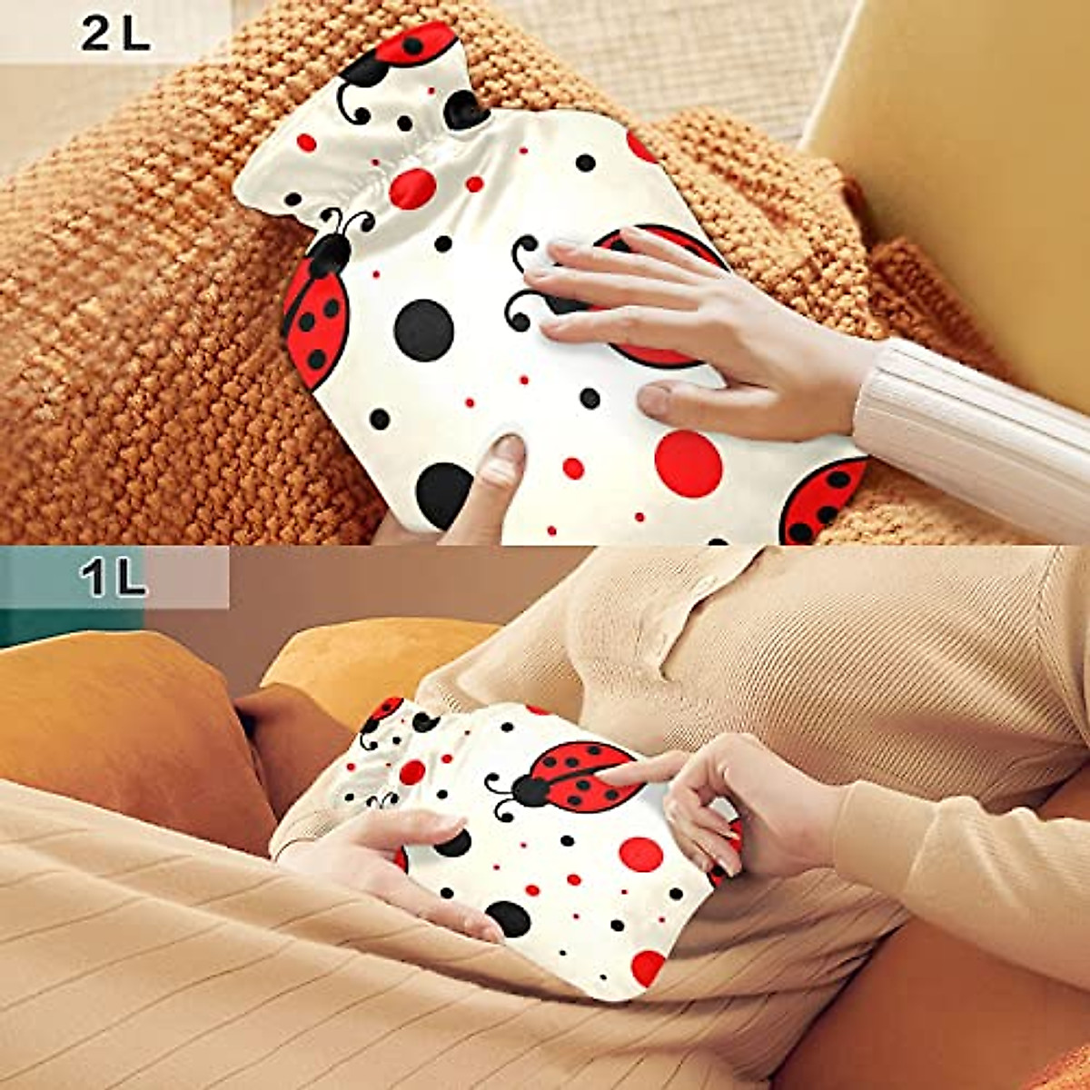 Ladybugs Dots BAP Free Hot Water Bottle with Cover 2L Large Warm Water Bag for Pain Relief Bed Hand & Feet