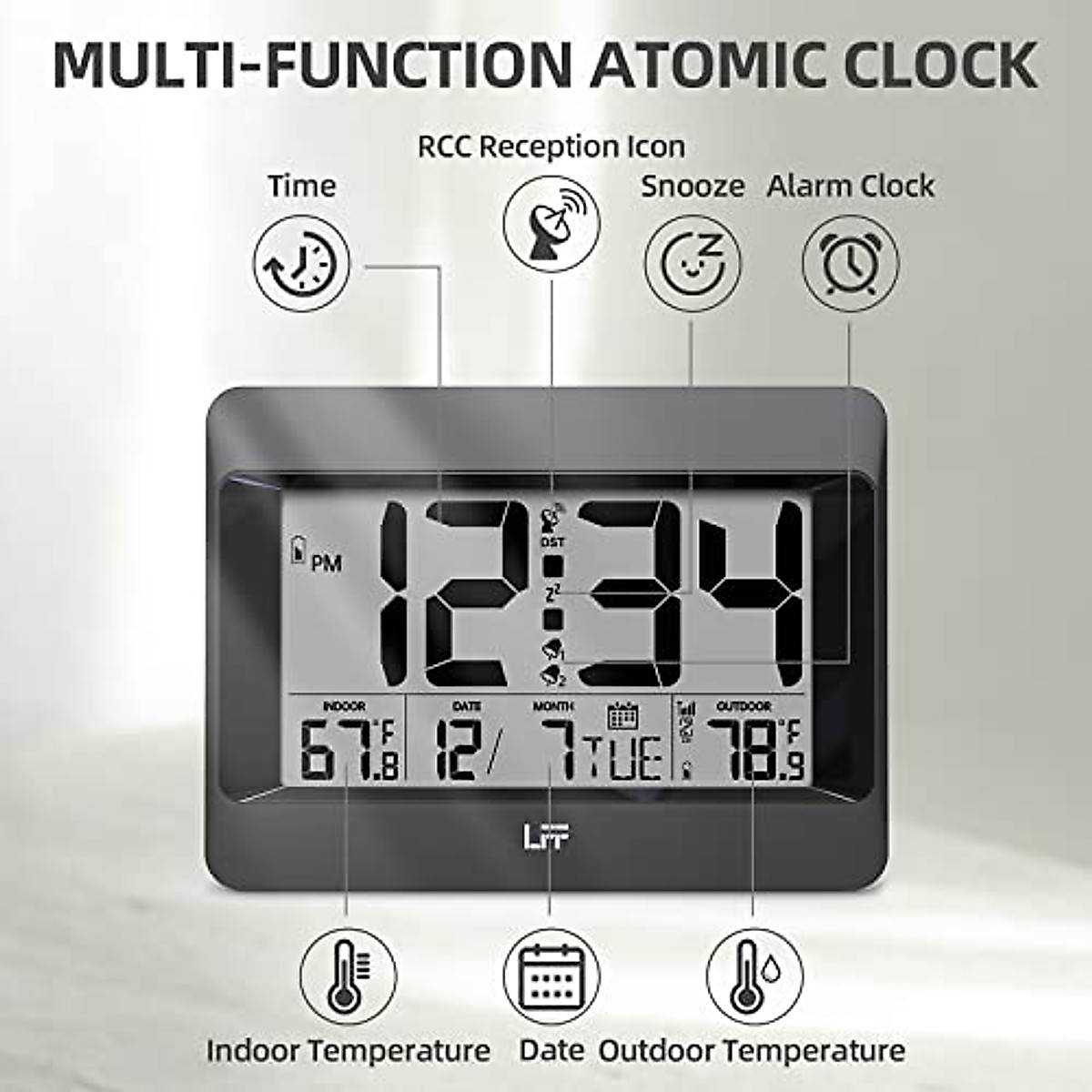 LFF Atomic Clock,Digital Wall Clock Battery Operated,Desk Alarm Clock with Indoor & Outdoor Temperature, Date,Large Display,Wireless Outdoor Sensor, Clock for Bedroom,Living Room,Office,Auto DST