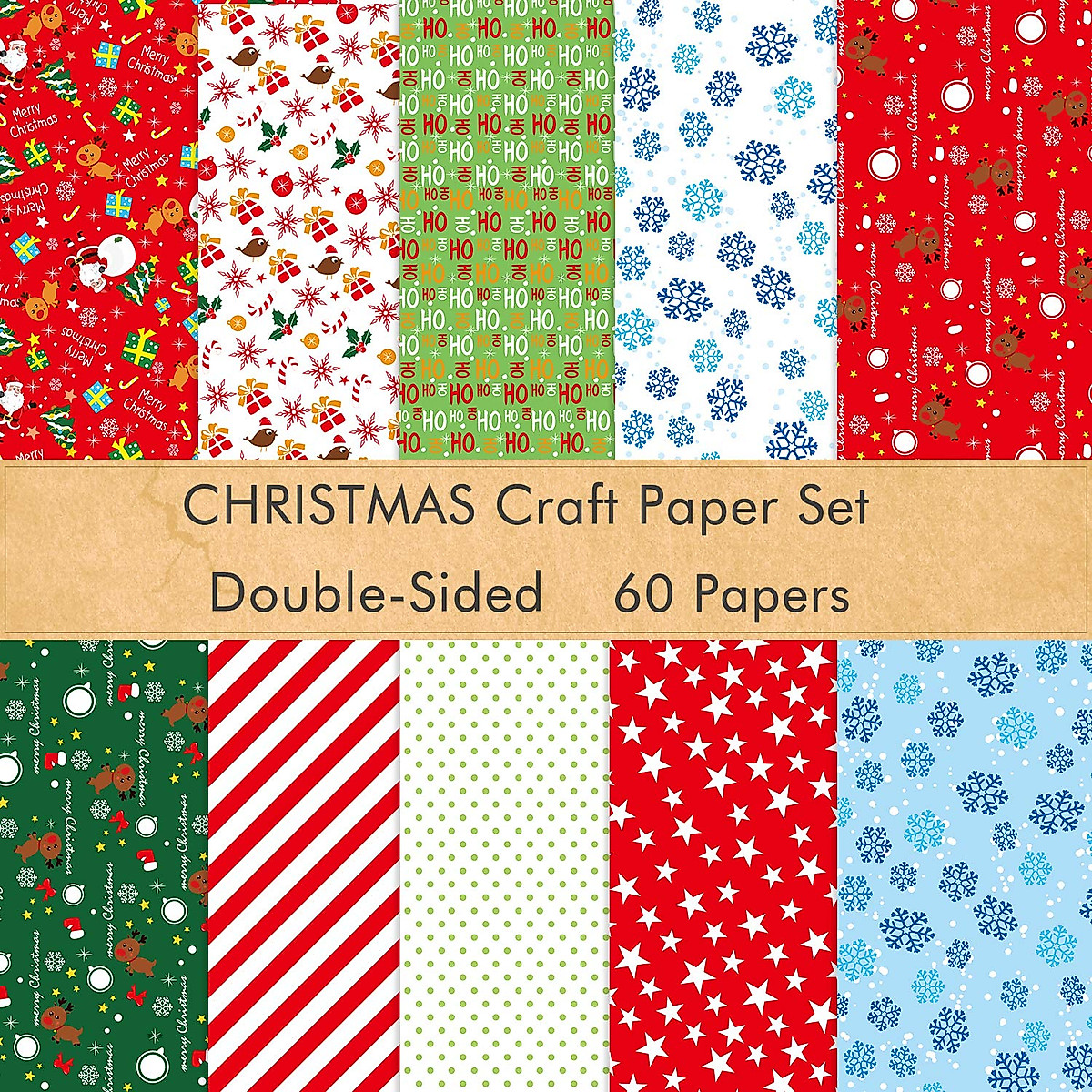 FEPITO 60 Sheets Christmas Pattern Paper Set, 14 x 21cm Decorative Paper for Card Making Scrapbook decoration, 10 Designs