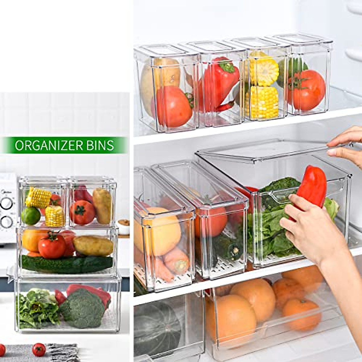 Set Of 7 Clear Fridge Organizer Stackable Refrigerator Organizer Bins with Lids,Pantry Organization and Storage,Apply to Fridge,Fresh Keeper Bin,with Vented Lids & Removable Drain Tray