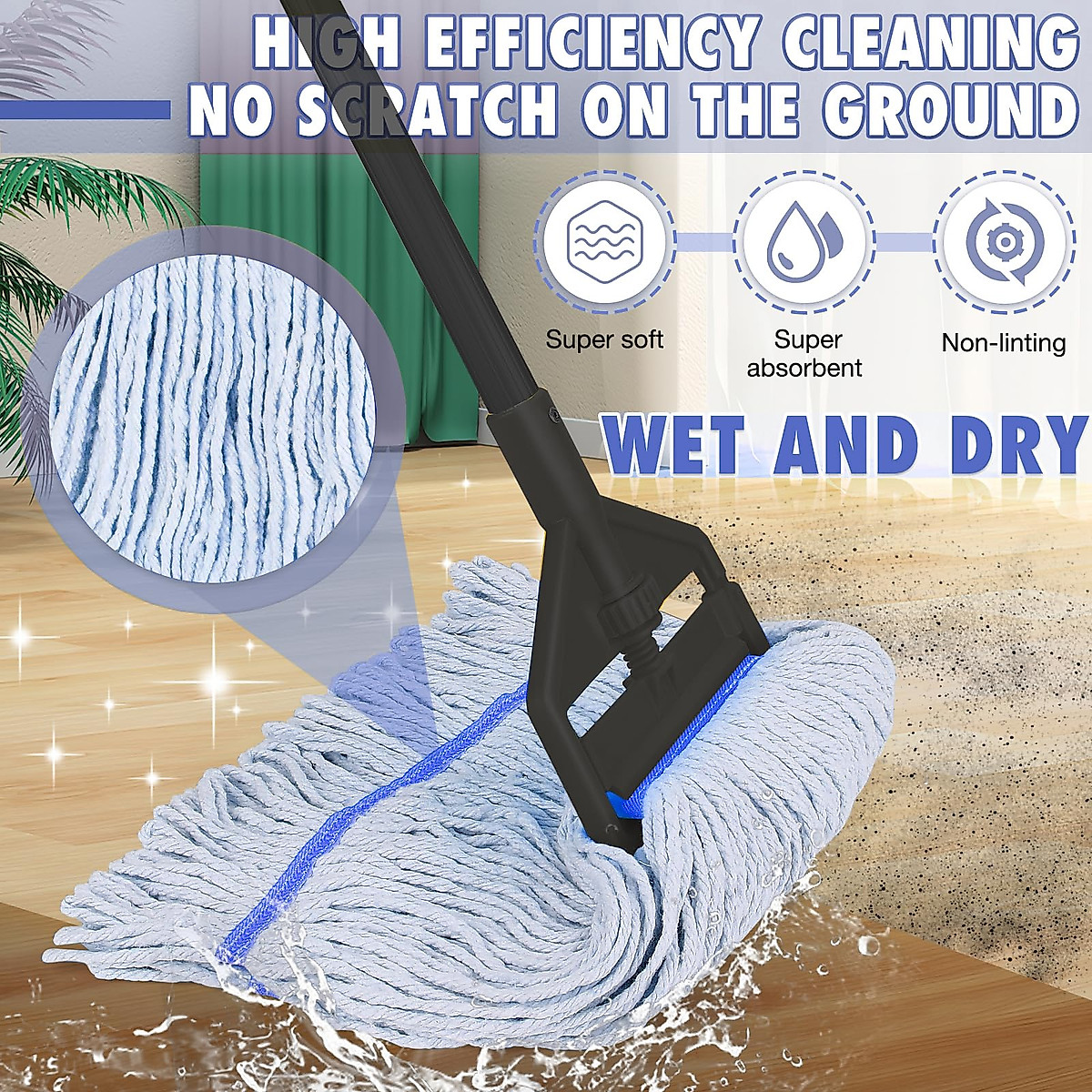 Looped-End Commercial Industrial Cotton Mop for Floor Cleaning ,Heavy Duty String Wet Mops with Long Handle for Home,Garage,Office, Workshop, Warehouse Floor Cleaning (1 Industrial mop)