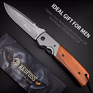 NedFoss DA52 Pocket Knife for Men, 5'' Large Folding Knife, 11'' Survival Knife with Rosewood Handle, Safety Pin, Pocket Clip, Liner Lock