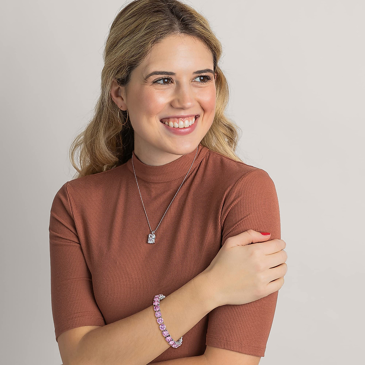 KEZEF Silver Plated Brass CZ Tennis Bracelet - Round 7mm Pink CZ -7 Inch