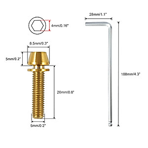 SPEEDWOX 6 Pcs Allen Hex Tapered Bolts Screws with Hex Wrench, Titanium M5x20mm with Washer, MTB Road Mountain Bike Bicycle Stem Bolt Screws Gold for MTB Bike Bicycle Stem