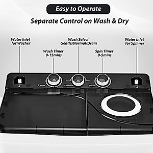 Homguava 26Lbs Capacity Portable Washing Machine Washer and Dryer Combo Twin Tub Laundry 2 In 1 Washer(18Lbs) & Spinner(8Lbs) Built-in Gravity Drain Pump,for Apartment,Dorms,RV Camping (black+white)