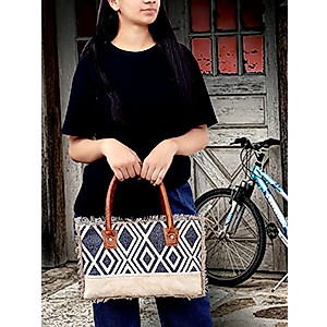 Ruzioon Upcycled Canvas Hand Bag, Upcycled Canvas & Cowhide Leather Tote Bag, Canvas Tote Bag for Women, Canvas Shoulder Bag