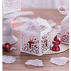 KAZIPA 50PCS Baptism Favor Boxes, 2.2''x2.2''x2.2''Laser Cut Favor Boxes with 50 Ribbons for Baby Shower Favors Baptism Decorations First Birthday Party (White)